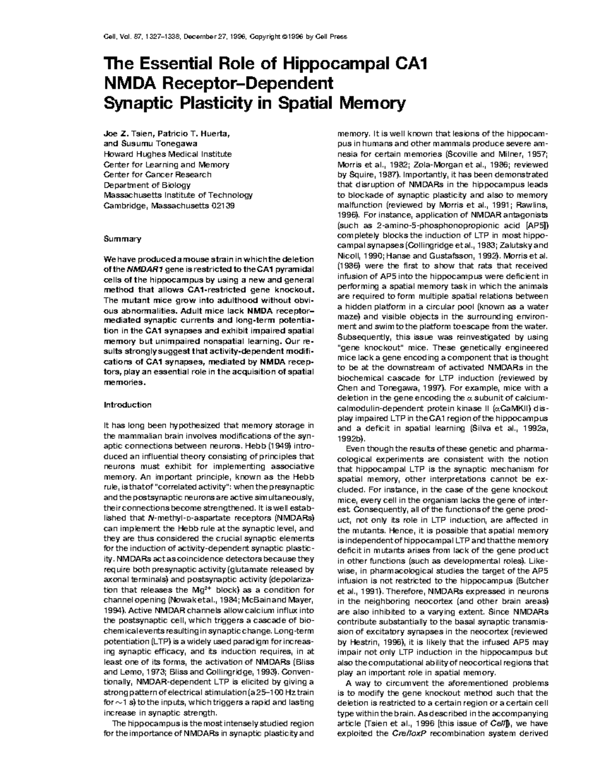 Hippocampal CA1 NMDA Receptor Role in Spatial Memory - Tutorial 3 Paper ...