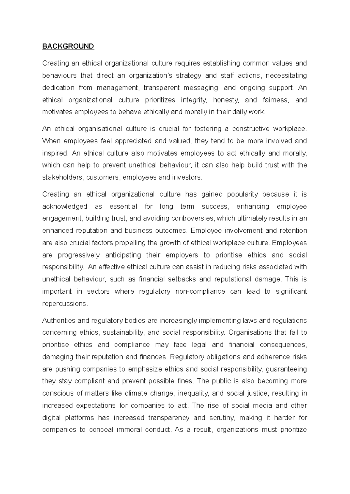 Background - Developing an Ethical Organizational Culture Framework ...