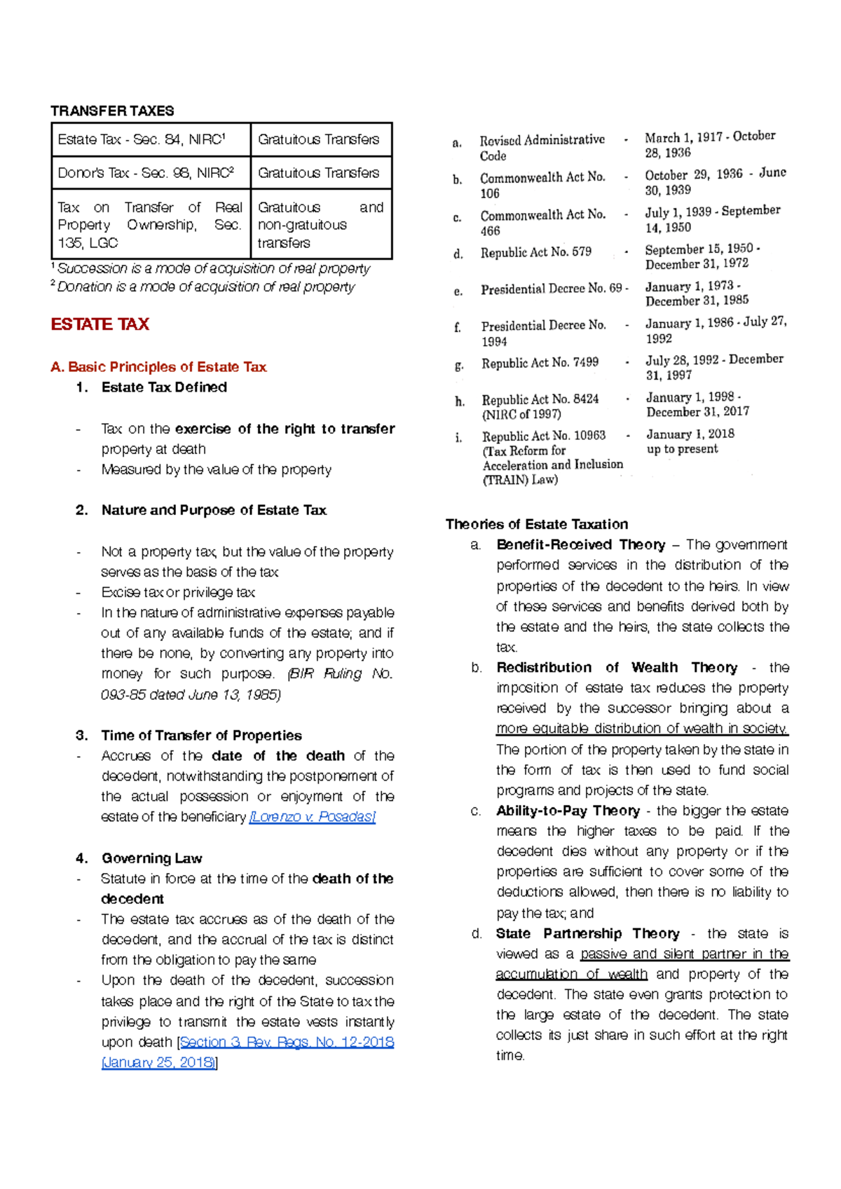 Estate Tax Overview and Key Principles in Tax Code (Sec. 84, 85) - Studocu