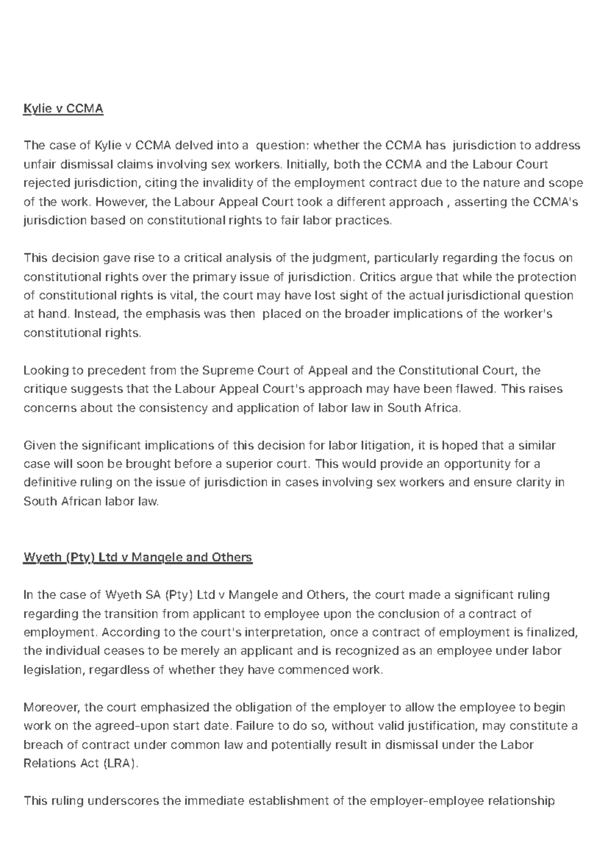 Kylie v CCMA: Jurisdiction & Labor Rights Analysis - Summarised Notes ...