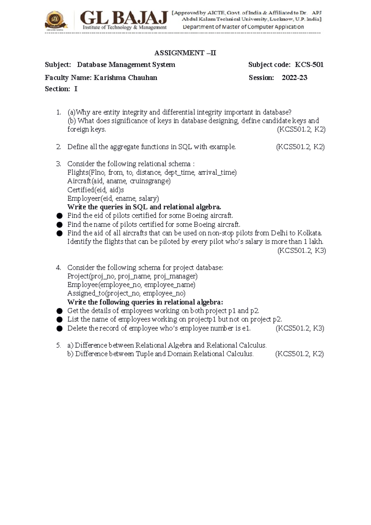 DBMS Assignment 2 - Key Concepts and SQL Functions Analysis (KCS501.2) - Studocu