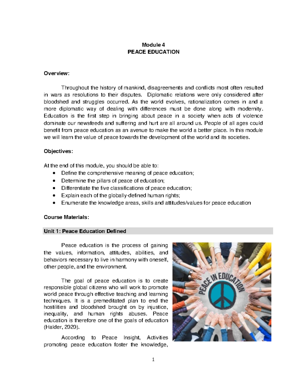 Module 4 PEACE EDUCATION: Understanding and Promoting Global Harmony ...