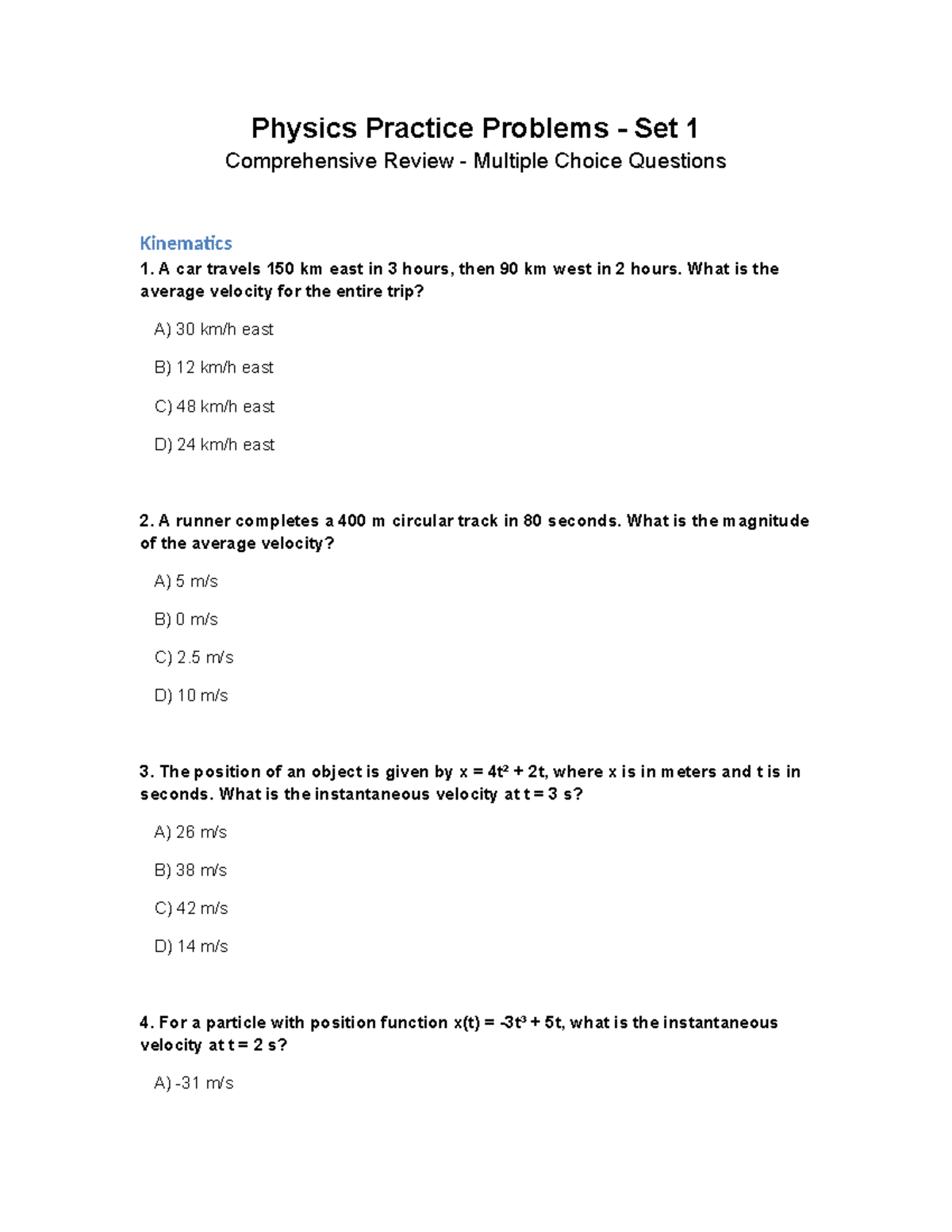 PHY 113 Final Exam Practice Problems Set 1: Kinematics & Forces - Studocu