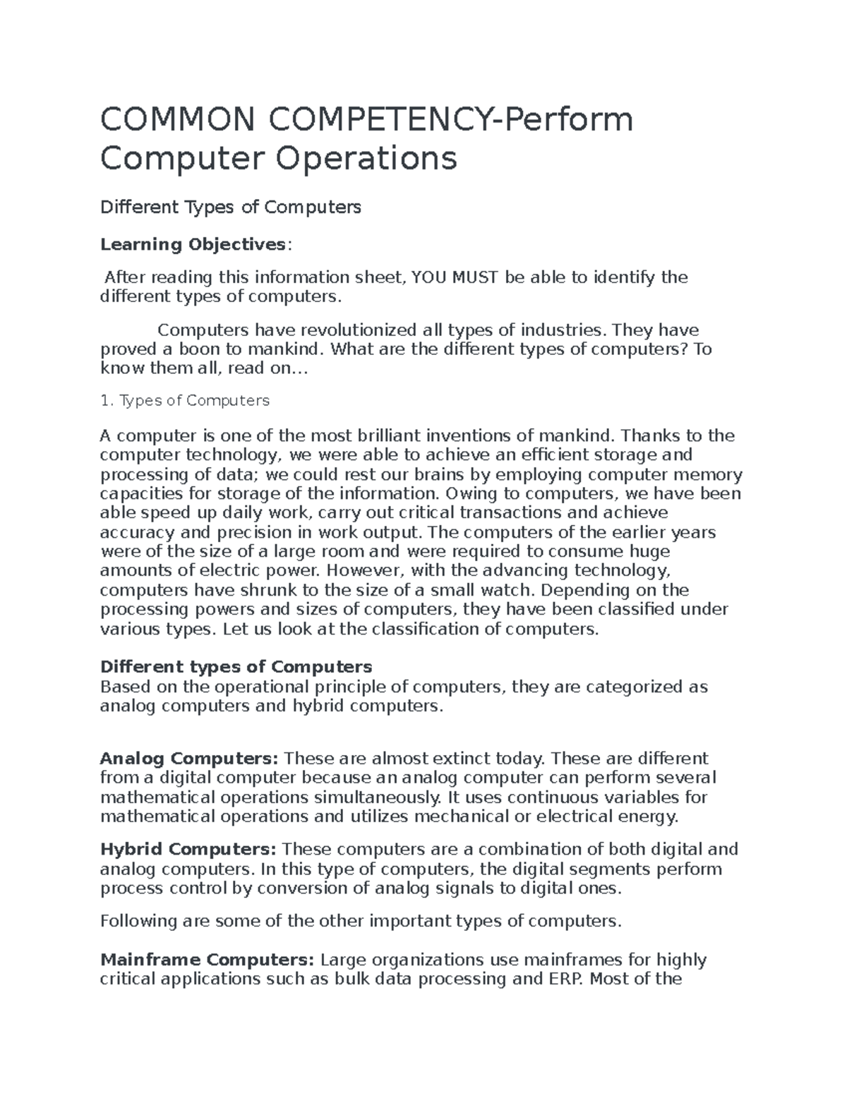 Common Competency-Perform Computer Operations - COMMON COMPETENCY ...