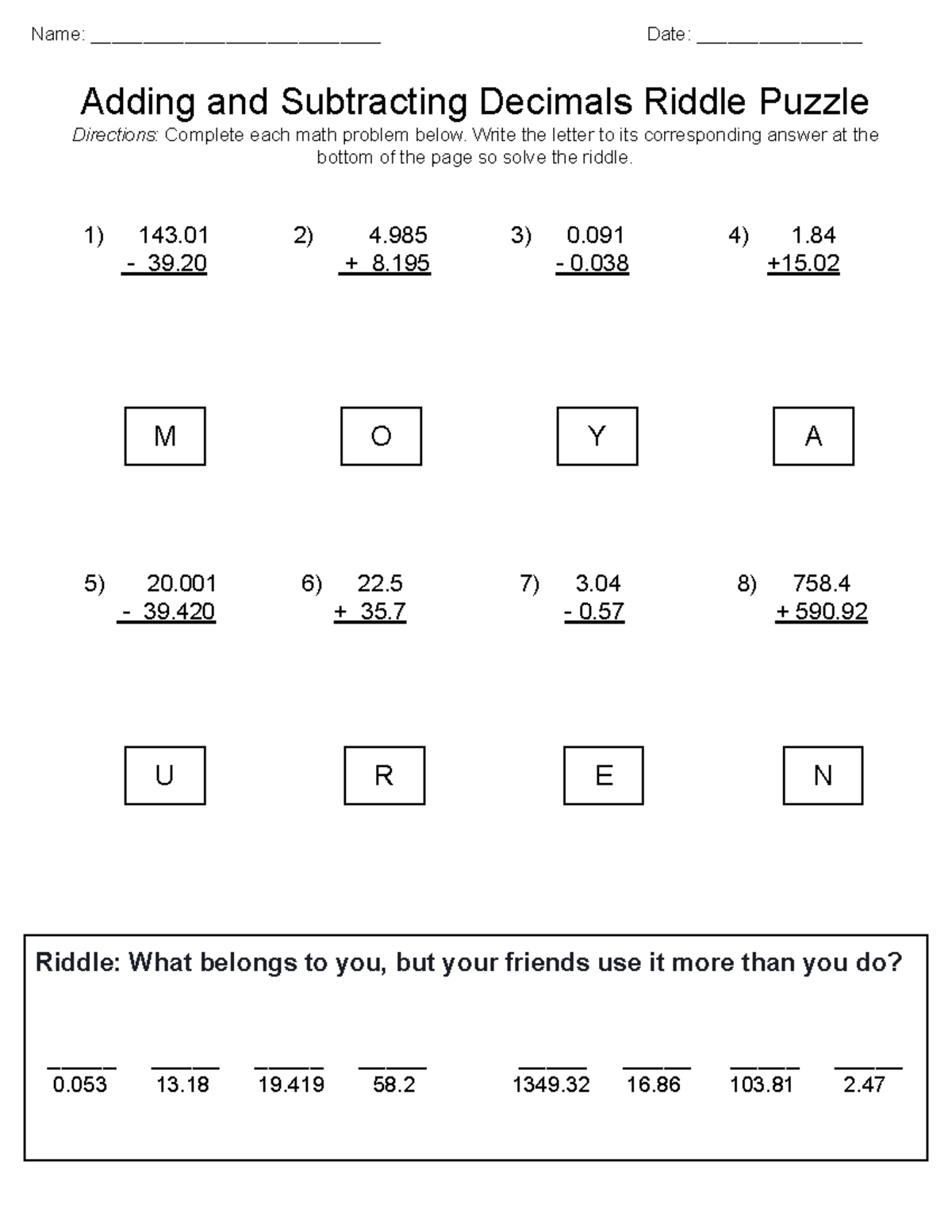 Addingand Subtracting Decimals Math Riddle Puzzle Printable Worksheet-1 ...