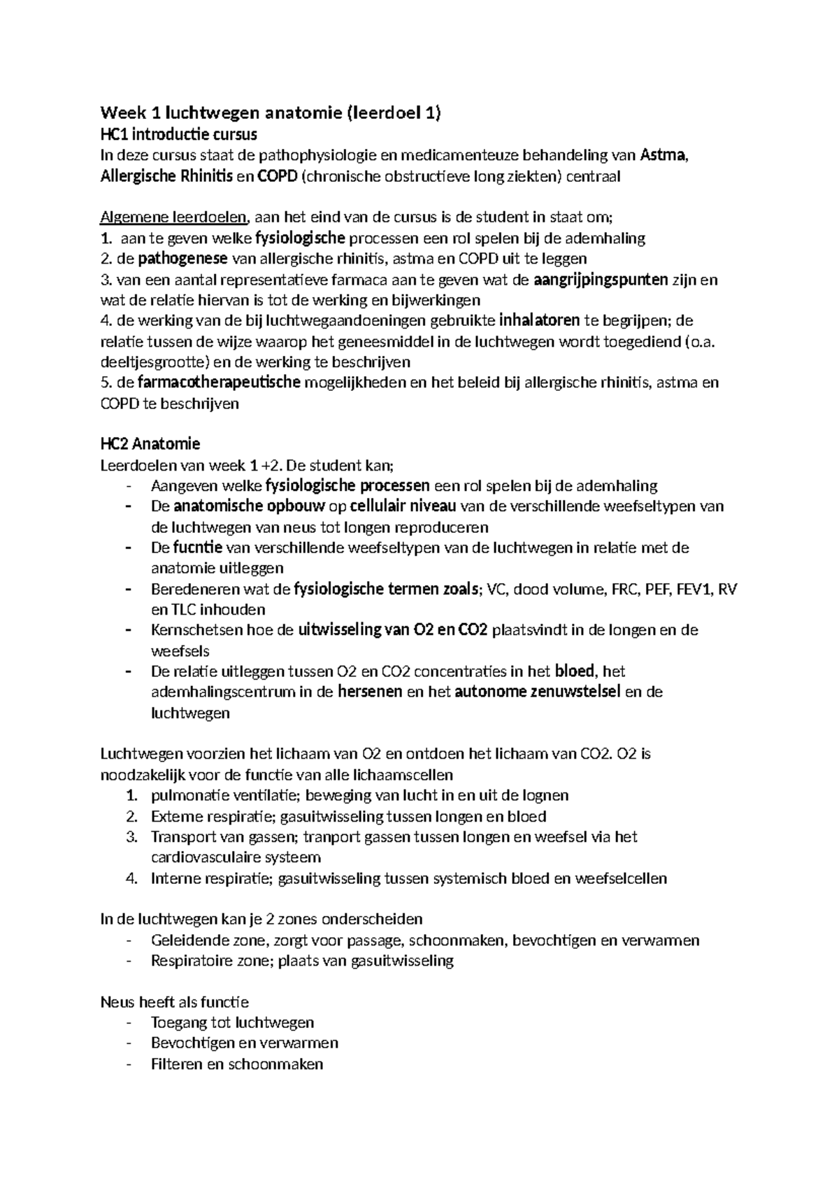 Week 1 Anatomie van de Luchtwegen: Fysiologie en Pathogenese - Studeersnel