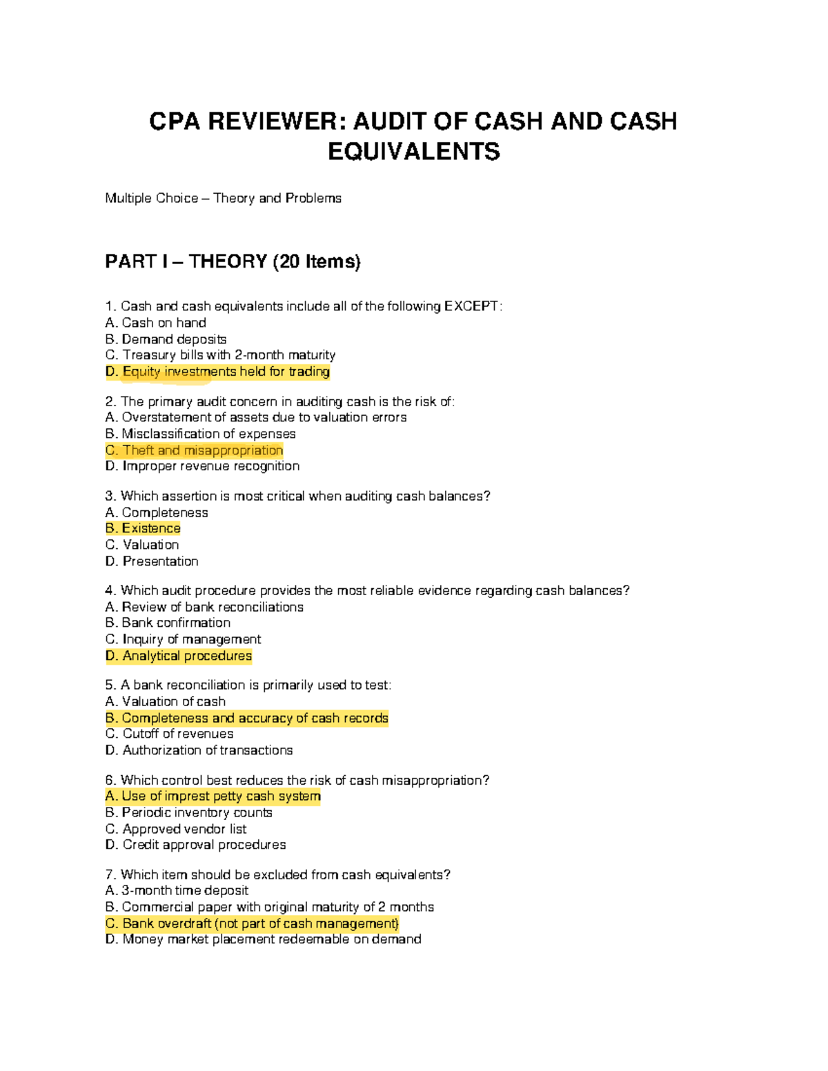 Audit of Cash and Cash Equivalents: CPA Reviewer MCQs & Problems - Studocu