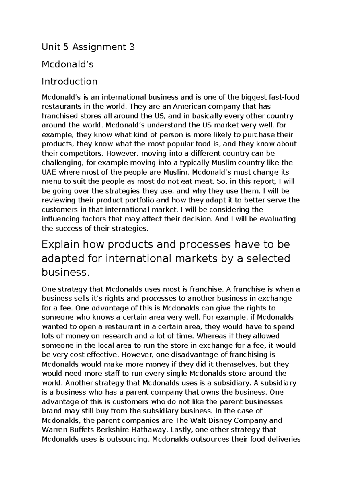 Unit 5 assignment 3 - Unit 5 Assignment 3 Mcdonald’s Introduction Mcdonald’s is an international ...