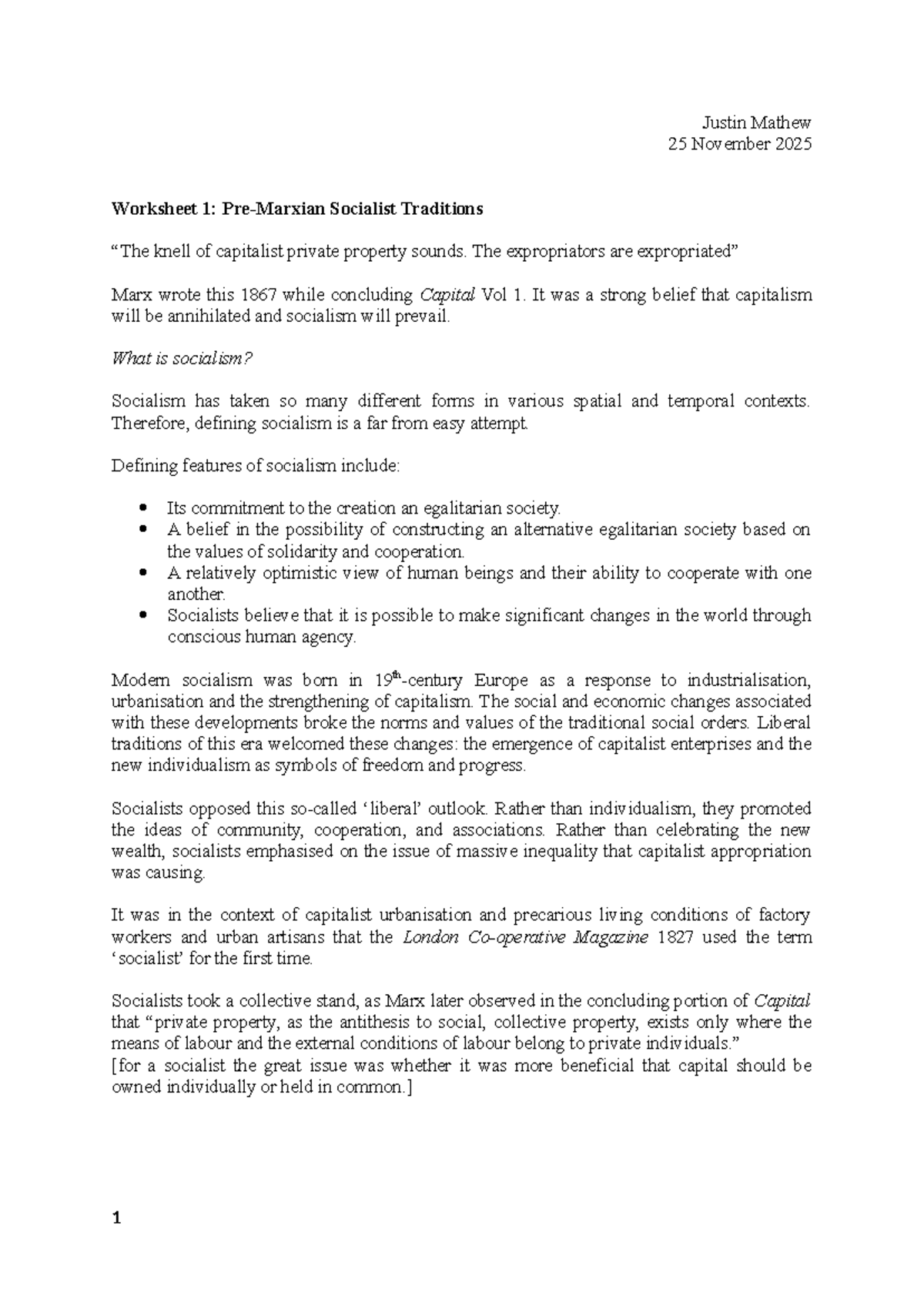 Worksheet 1: Pre-Marxian Socialism - Exploring Traditions and Ideas ...