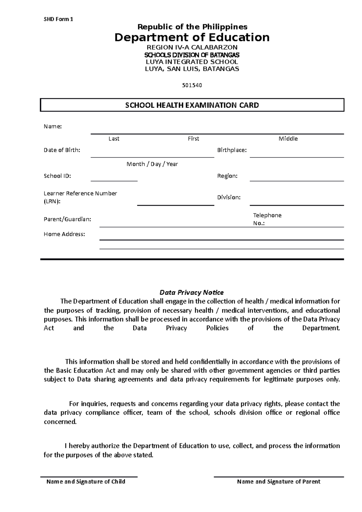 DATA-Privacy-Form-SHD 1 - DepEd Health Declaration Card - Studocu