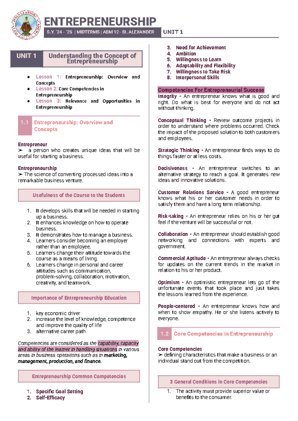 Entrep Prelims - ENTREPRENEURSHIP S. ‘24 - ‘25 | MIDTERMS | ABM 12- St ...