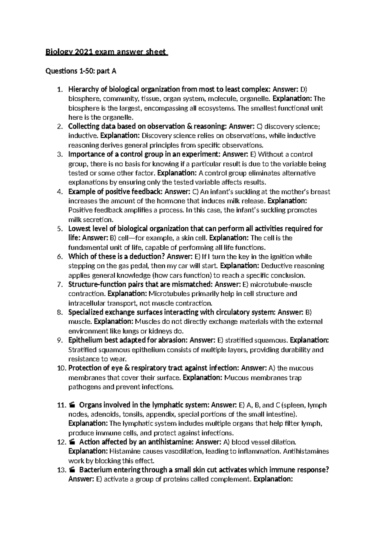 Biology 2021 Final Exam Answer Sheet: Key Concepts and Responses - Studocu