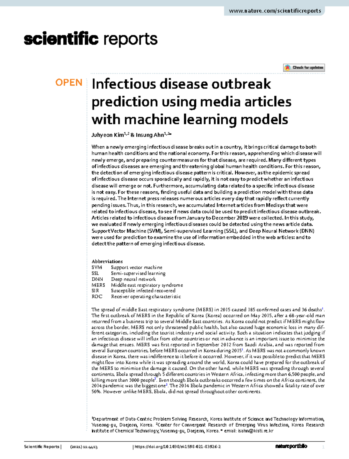 OPEN Infectious Disease Outbreak Prediction Using Media Articles and ML ...