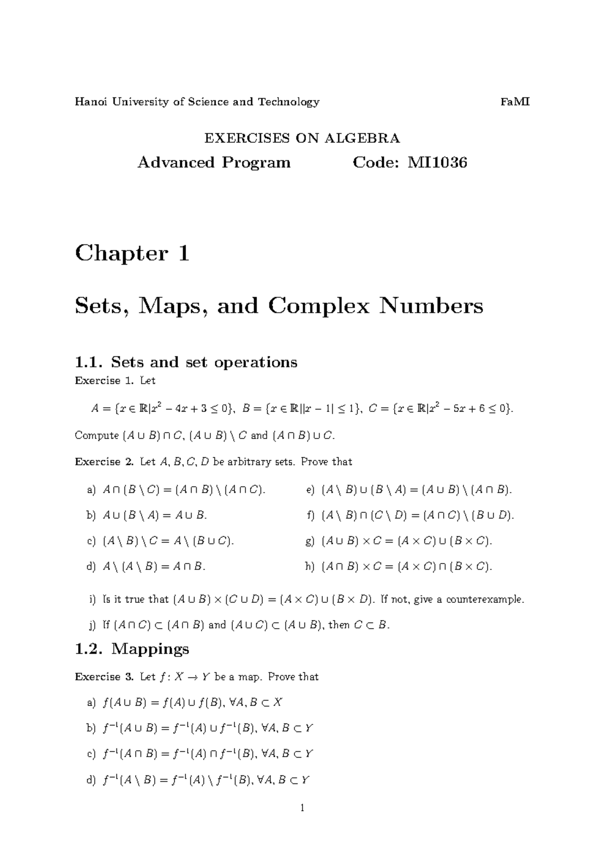 HUST MI1036 Final Exam Exercises on Algebra: Sets, Maps, and Complex ...