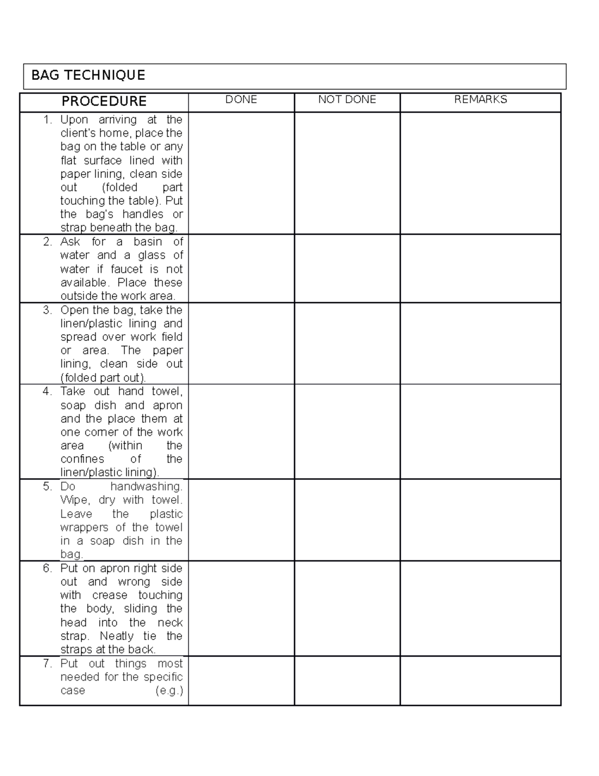 Procedure for BAG Technique in Nursing Care - Studocu