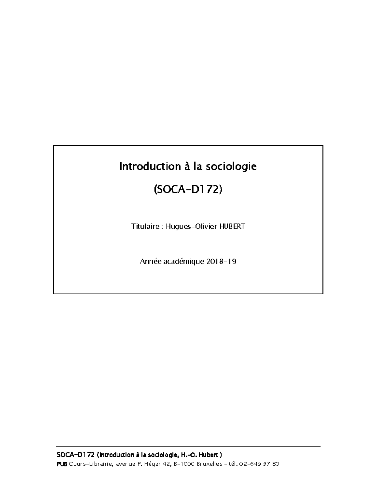 Socad 172 syllabus 2018-19 HO Hubert - Introduction à la Sociologie ...