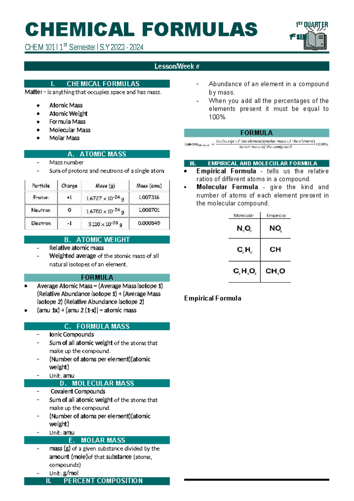 CHEM 101 1st Quarter Chemical Formulas Review S.Y. 2023-2024 - Studocu