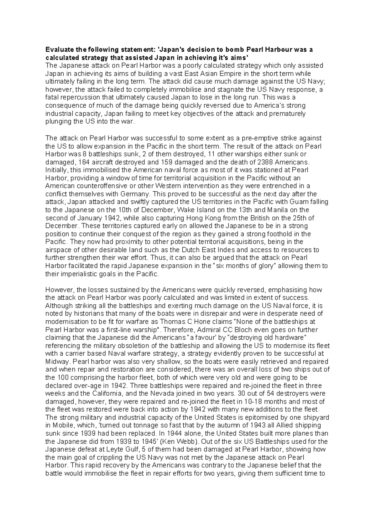 Pearl Harbor Essay: Analyzing Japan's Strategic Miscalculation - Studocu