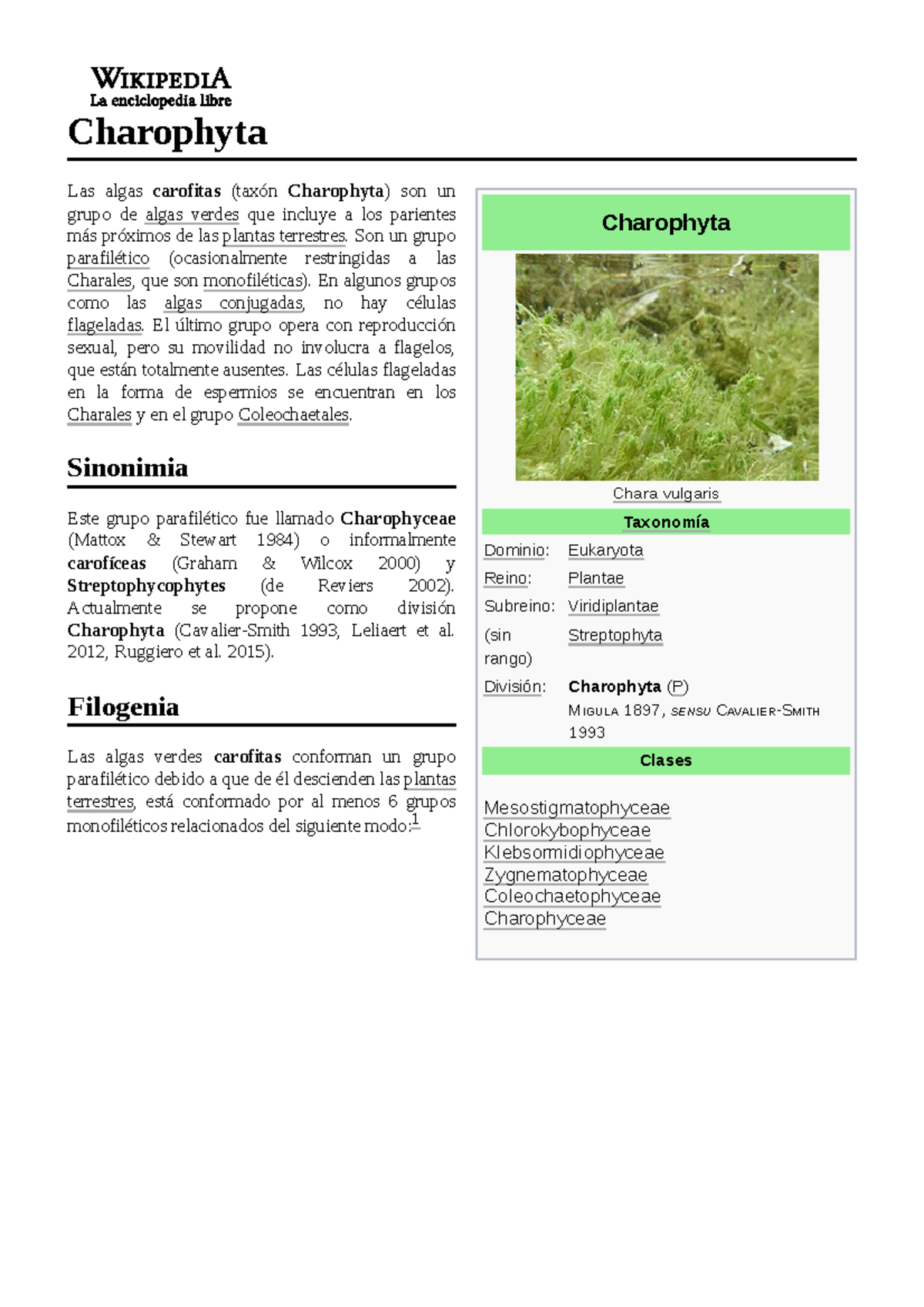Charophyta: Taxonomía y Filogenia de las Algas Verdes Carofitas - Studocu