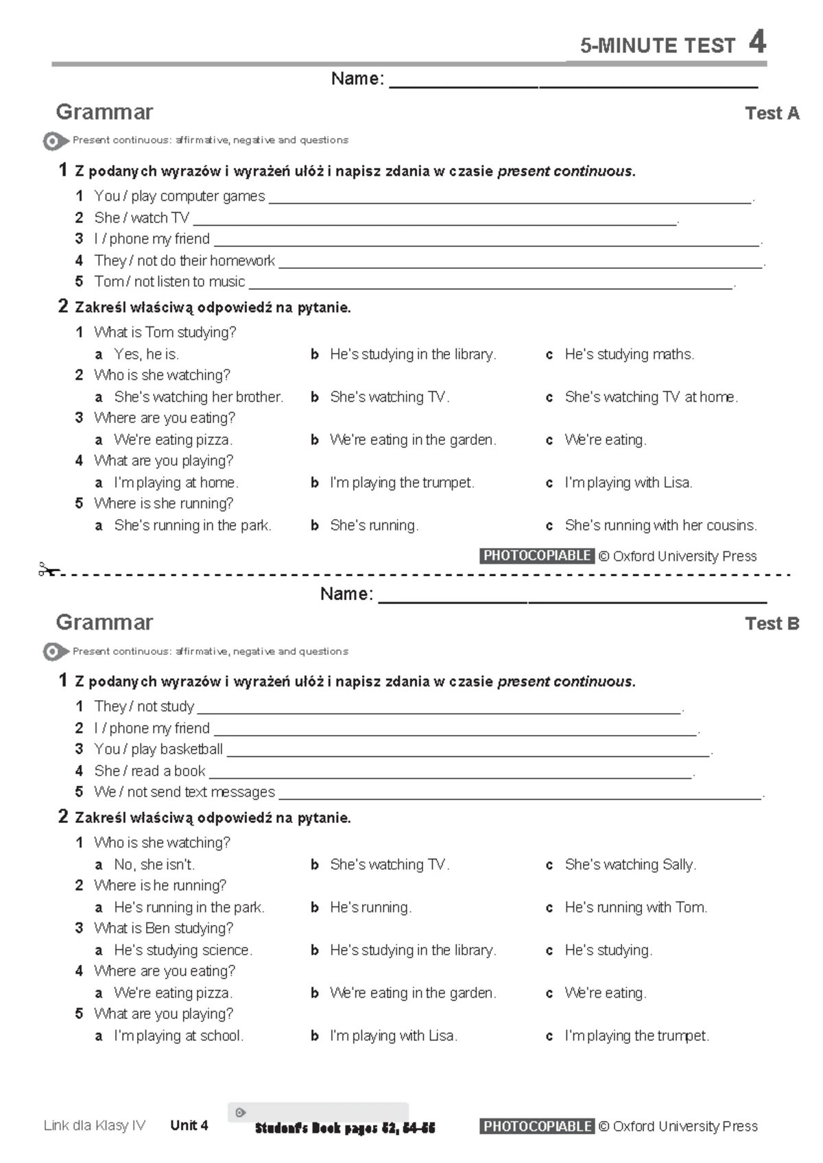 Link IV 5-Min Vocabulary Test U4 - Everyday Activities & Instruments ...