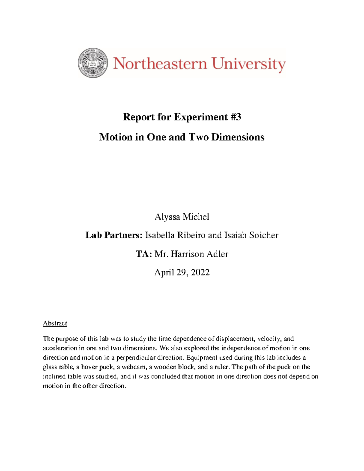 Lab 2 Physics Experiment 3: Analysis of Motion in 1 & 2 Dimensions ...