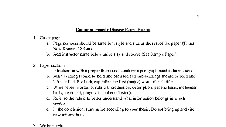Genetic Disease Paper Errors: Guidelines for Writing (Course Code ...