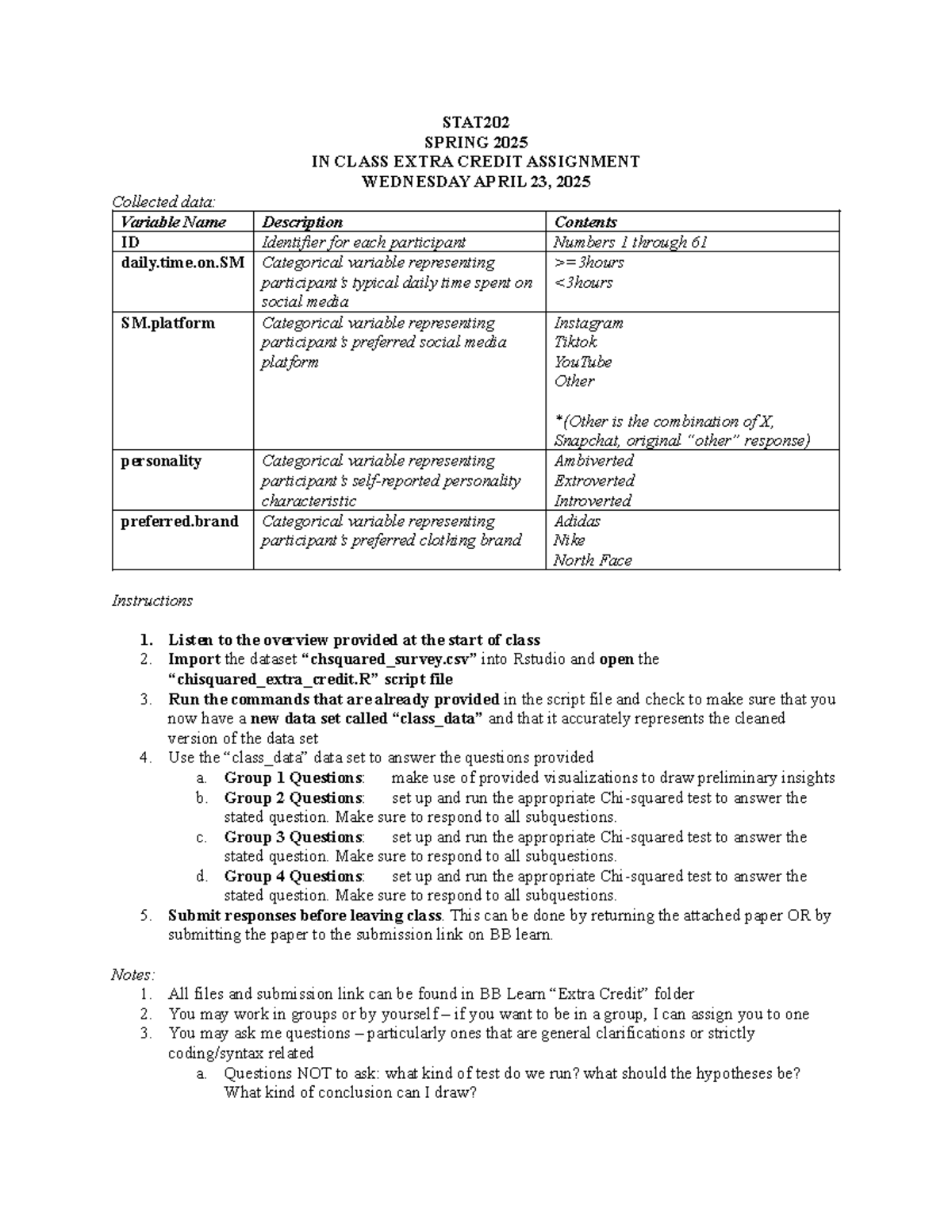 STAT202 SPRING 2025 IN-CLASS EXTRA CREDIT ASSIGNMENT DETAILS - Studocu