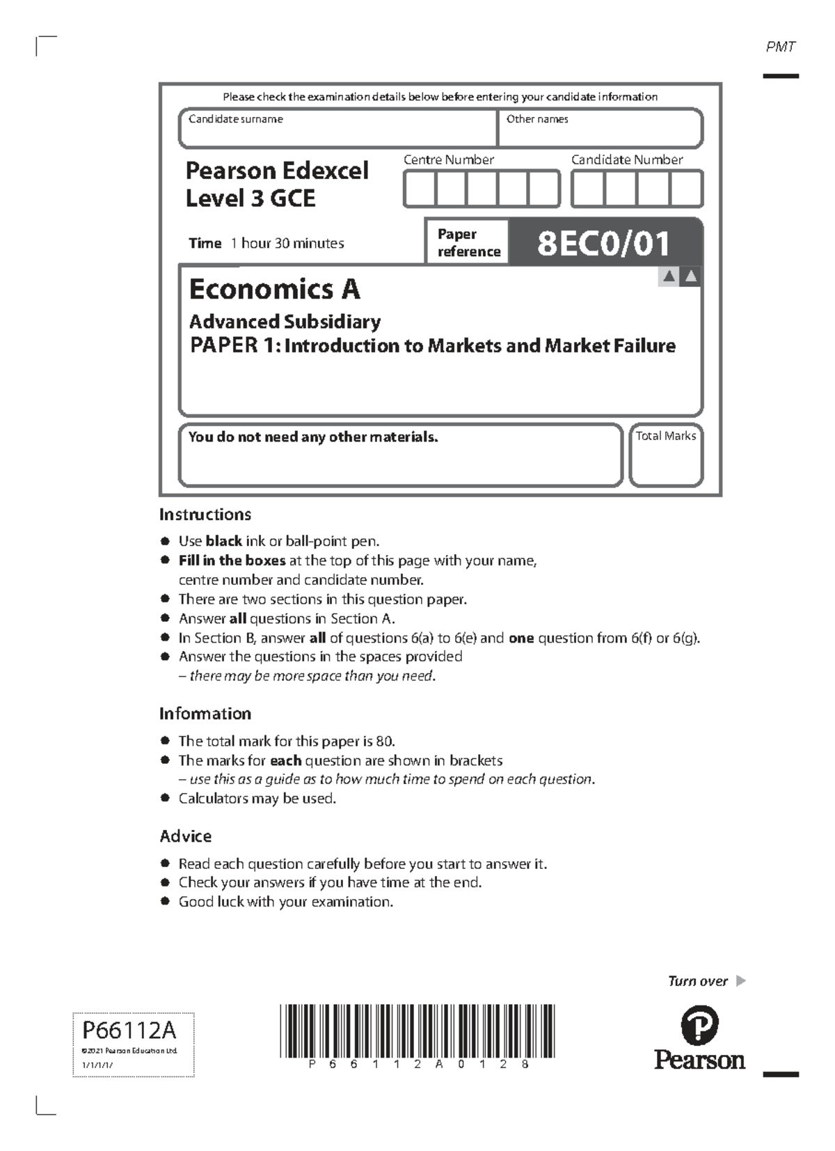 Economics A Level 3 GCE PMT Paper 1: Markets & Market Failure Exam ...
