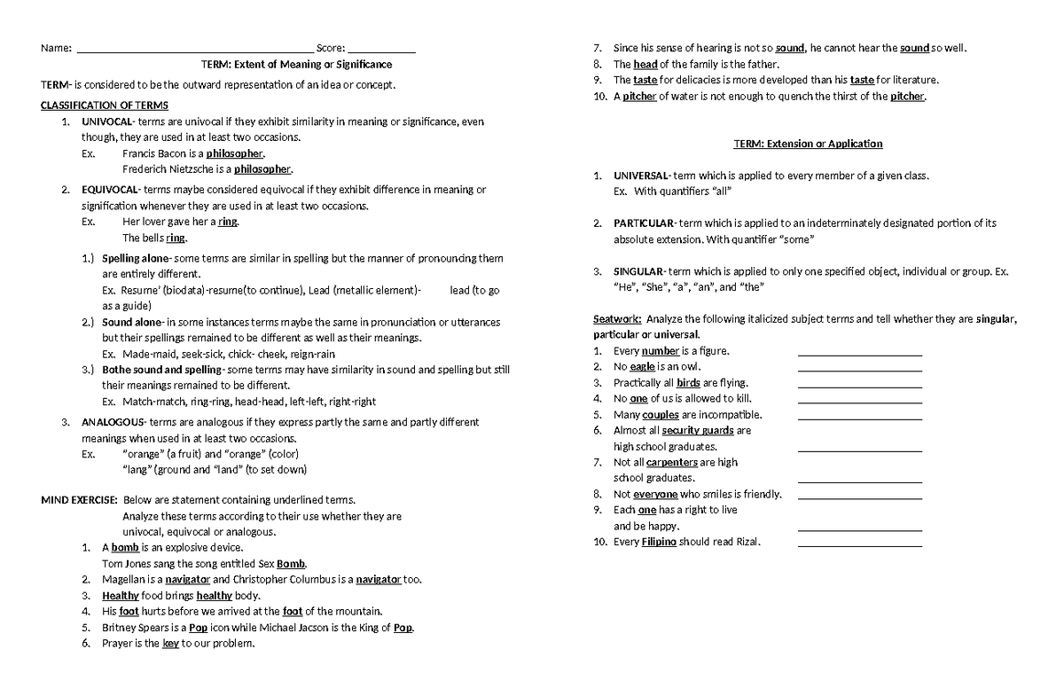 Classification of Terms: Univocal, Equivocal, and Analogous - INB - Studocu