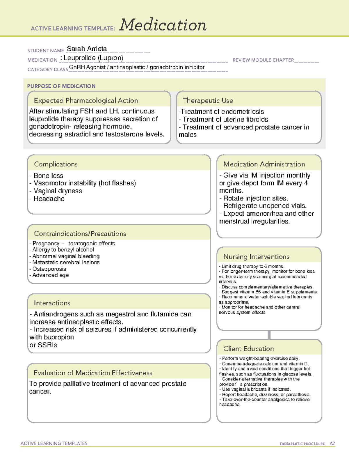 Leuprolide - ATI Active Learning Template for Pharmacology - Studocu