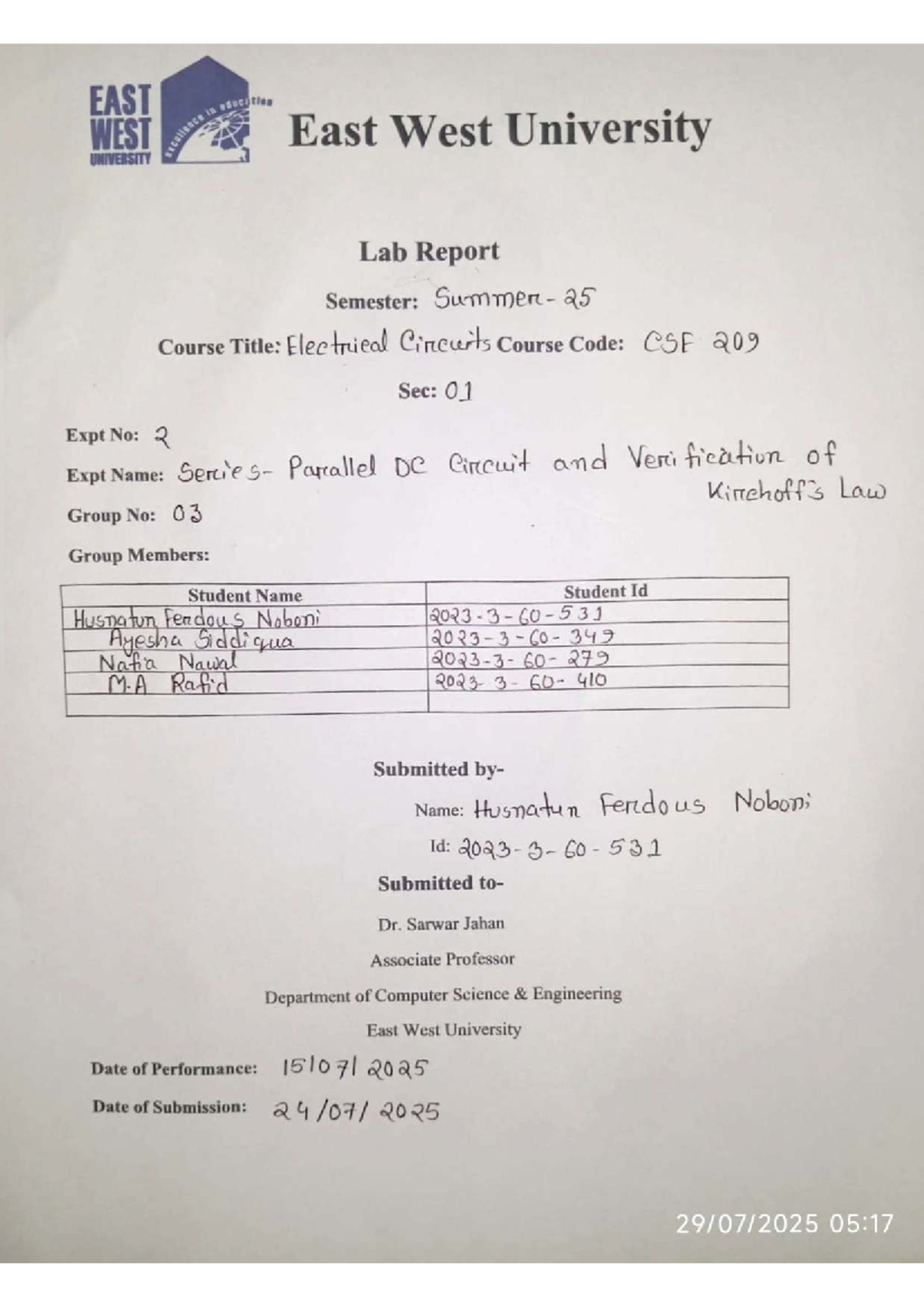 Lab Report: Series-Parallel DC Circuit & KVL/KCL Verification (CSE-209 ...