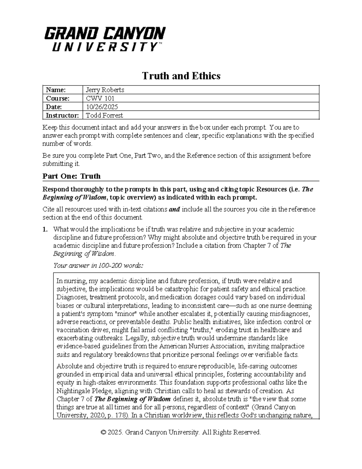 CWV 101 Final Exam: Truth and Ethics Analysis - Studocu