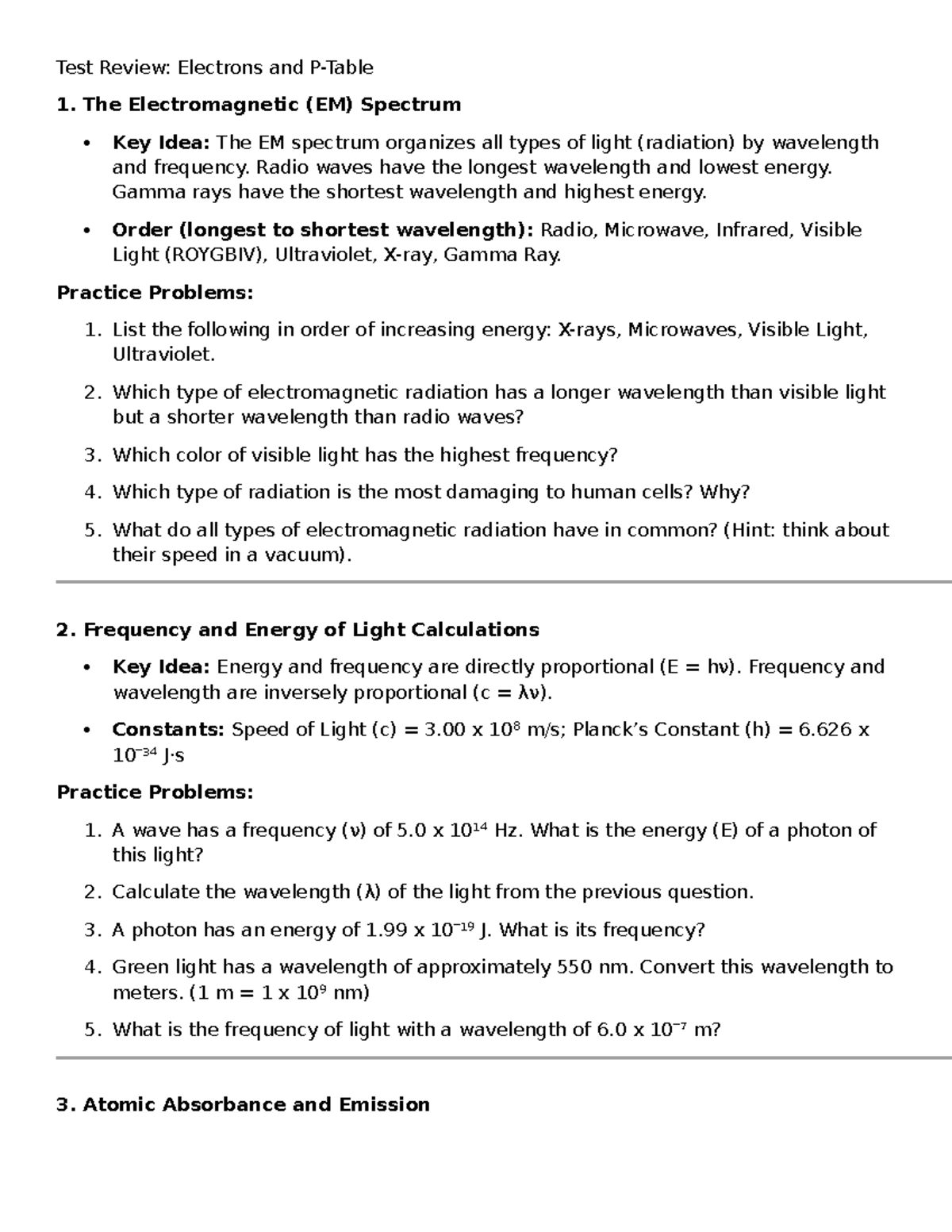 Test Review: Electrons, EM Spectrum & Periodic Trends (Chem 101) - Studocu