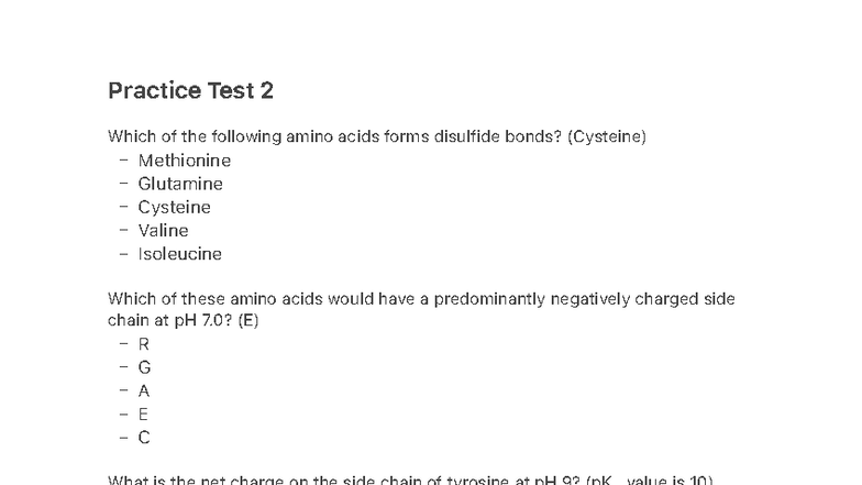 Practice Quiz 4 & 5: Amino Acids and Protein Structure (BIO 101) - Studocu