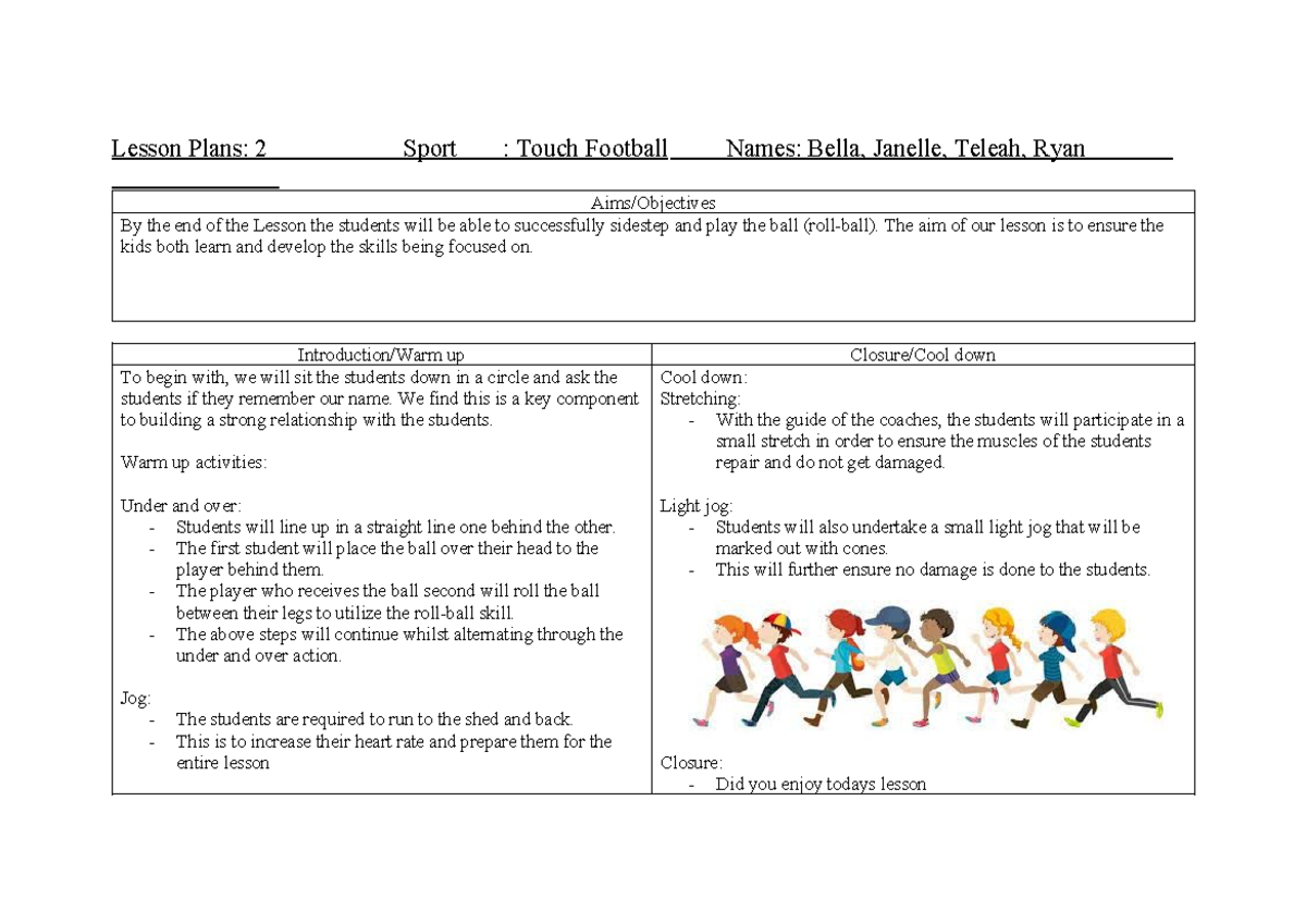 Lesson Plan 2: Touch Football Teaching Strategy and Activities - Studocu