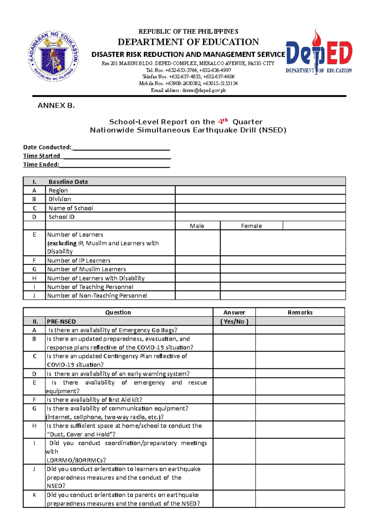 Annex B: NSED 4th Quarter School-Level Report Template 2022 - Studocu