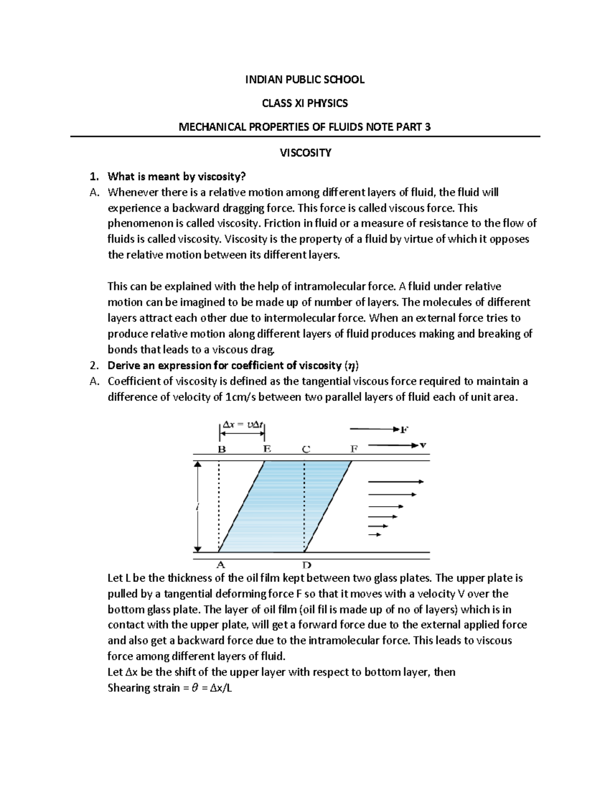 Class XI Physics: Mechanical Properties of Fluids - Viscosity Notes ...