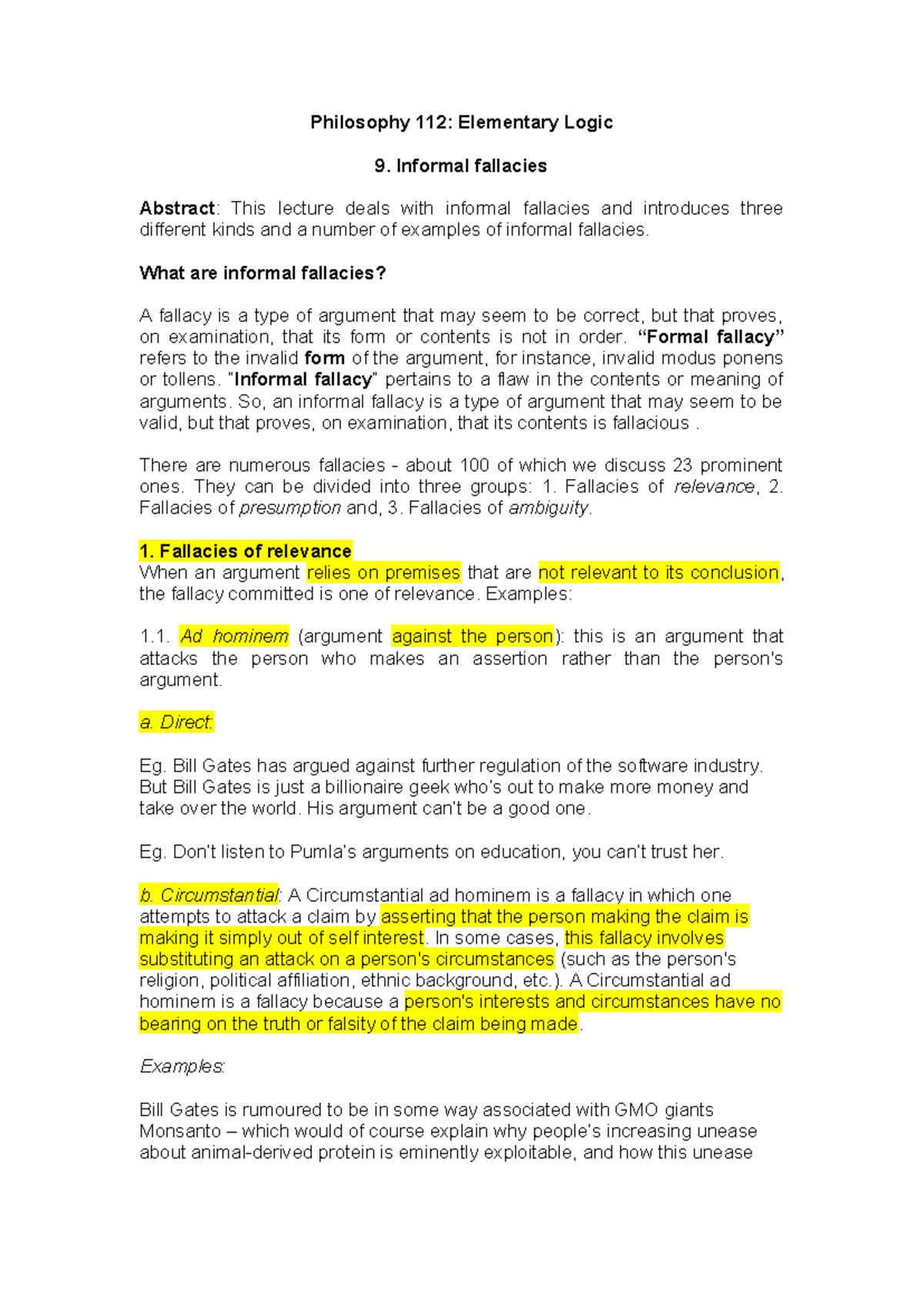 Philosophy 112: Informal Fallacies Lecture Notes and Examples - Studocu