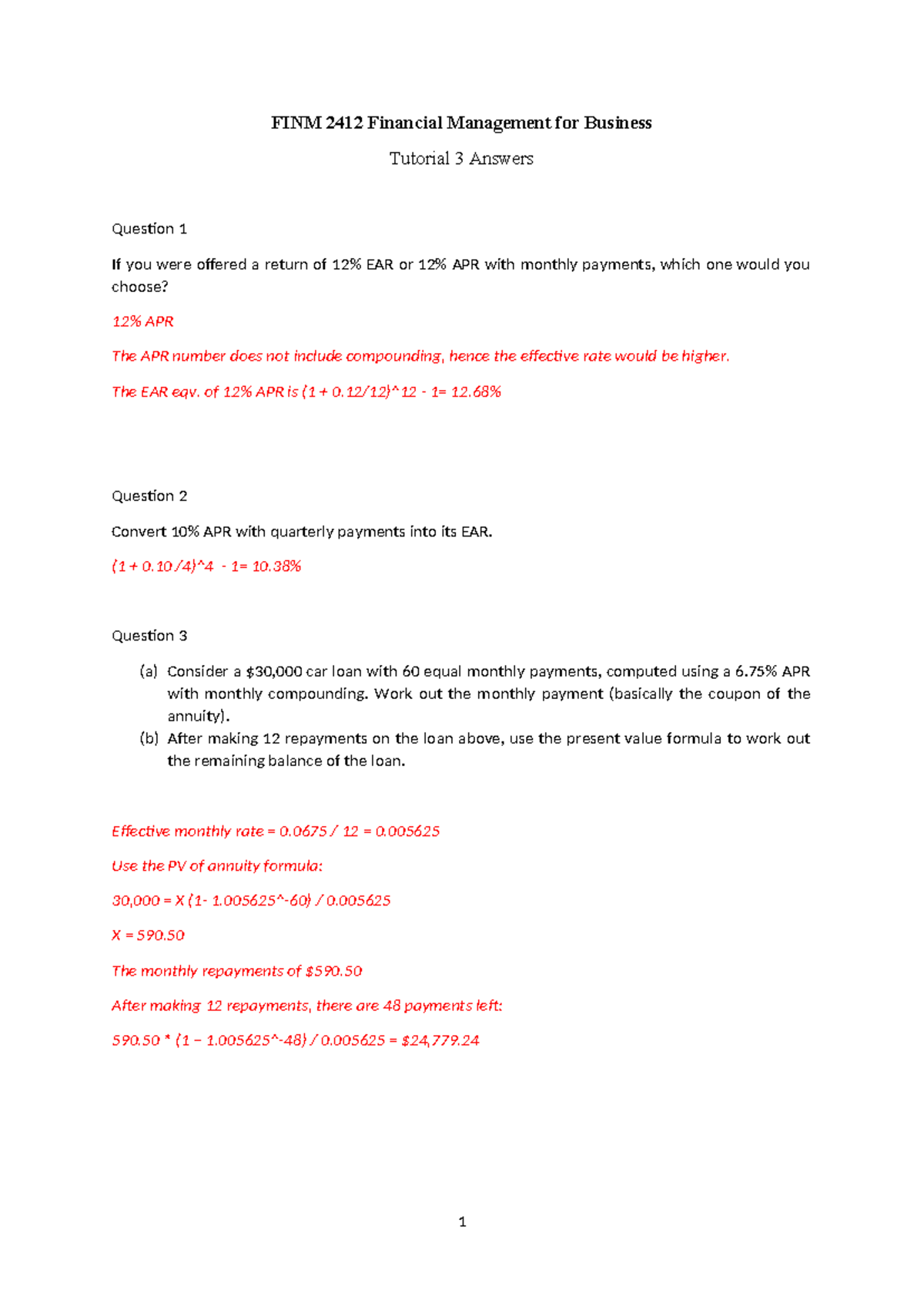 Tutorial 3 Answers - tut - FINM 2412 Financial Management for Business ...
