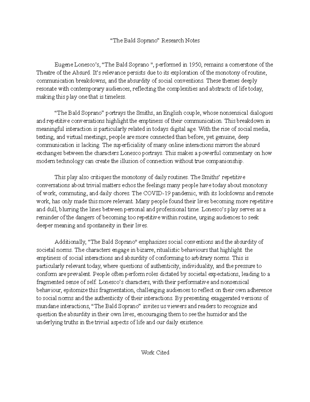 ENG 201: Research Notes on "The Bald Soprano" by Eugene Ionesco - Studocu