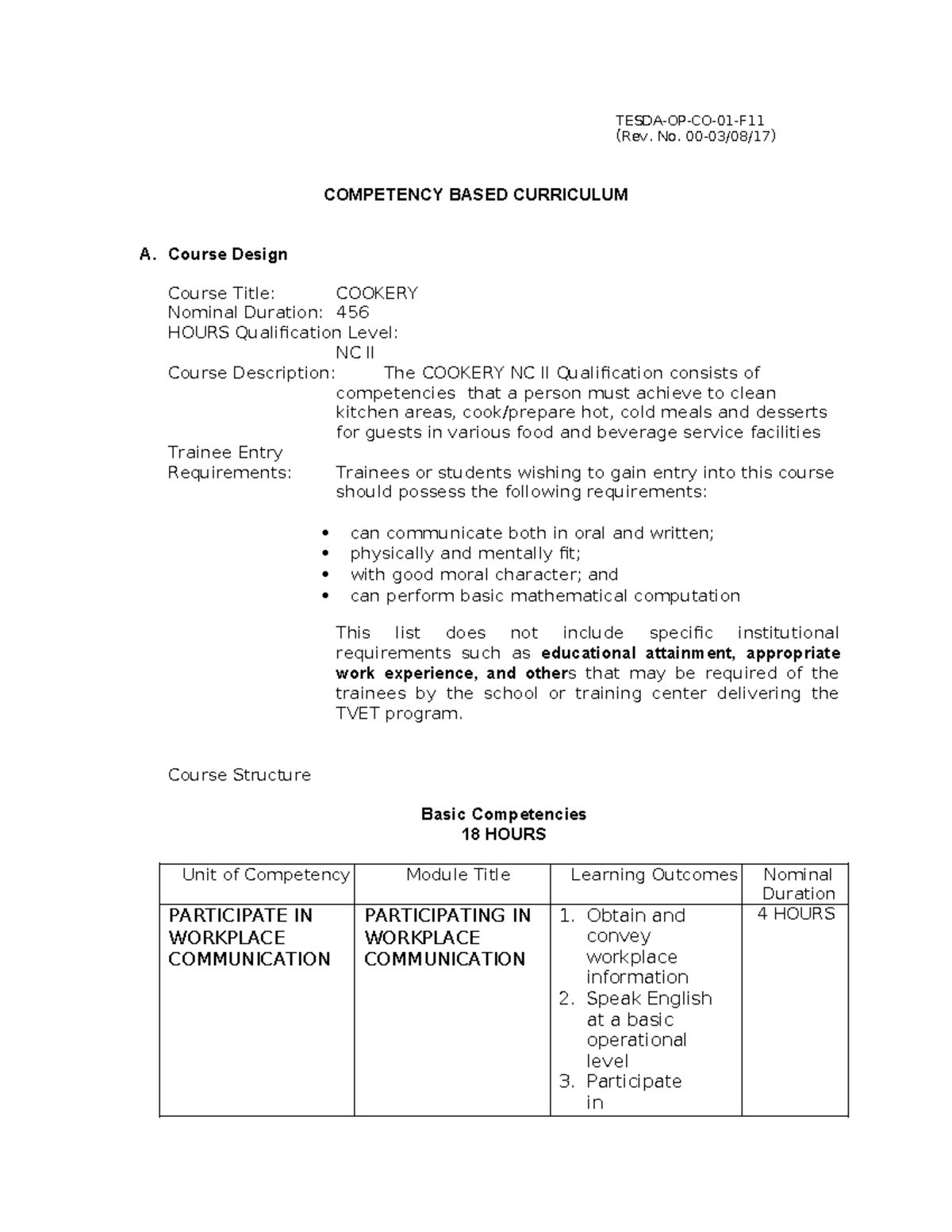 Cookery NC II Course Outline and Competency Guide - Studocu