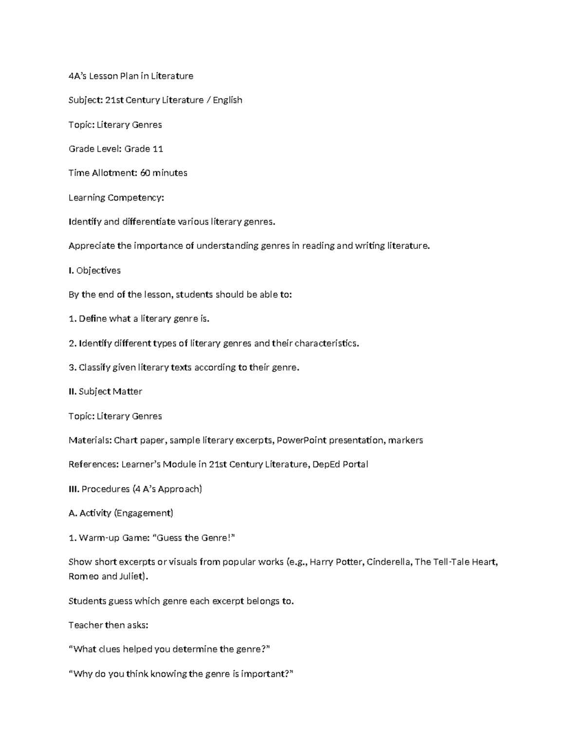 21st Century Literature Lesson Plan: Exploring Literary Genres (Grade ...