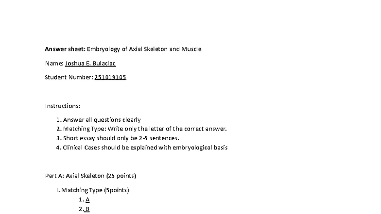 Embryology of Axial Skeleton & Muscle: Answer Sheet (Course Code) - Studocu