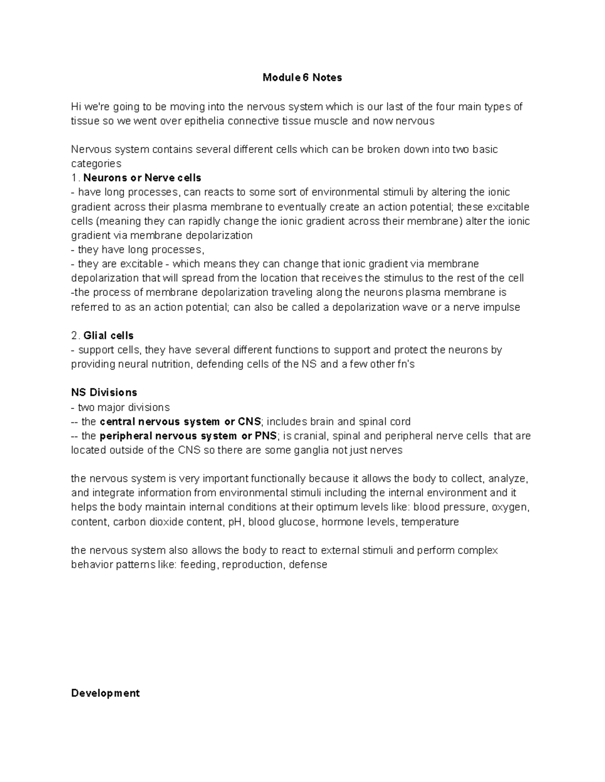Module 6 Final Exam Notes - Nervous System Overview and Cell Types ...