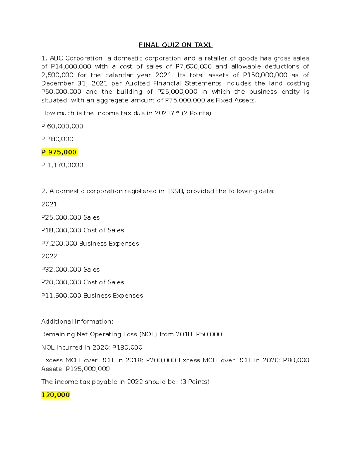 Final Quiz on Tax (ACCT 101): Key Concepts and Problem Solutions - Studocu