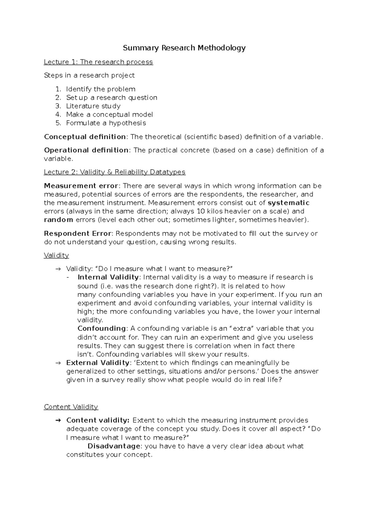 Summary lectures Research Methodology - Summary Research Methodology ...