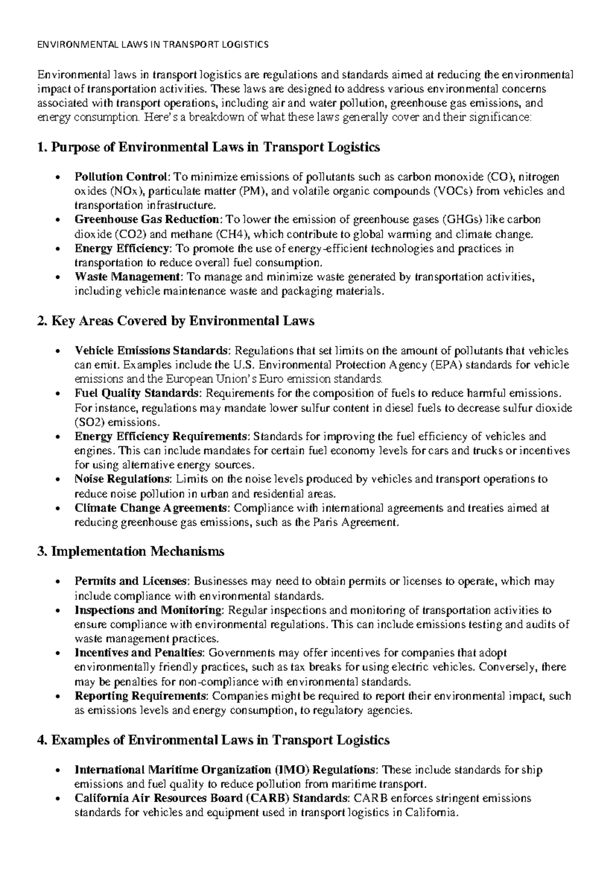 ENVIRONMENTAL LAWS IN TRANSPORT LOGISTICS: IMPACT & STRATEGIES - Studocu