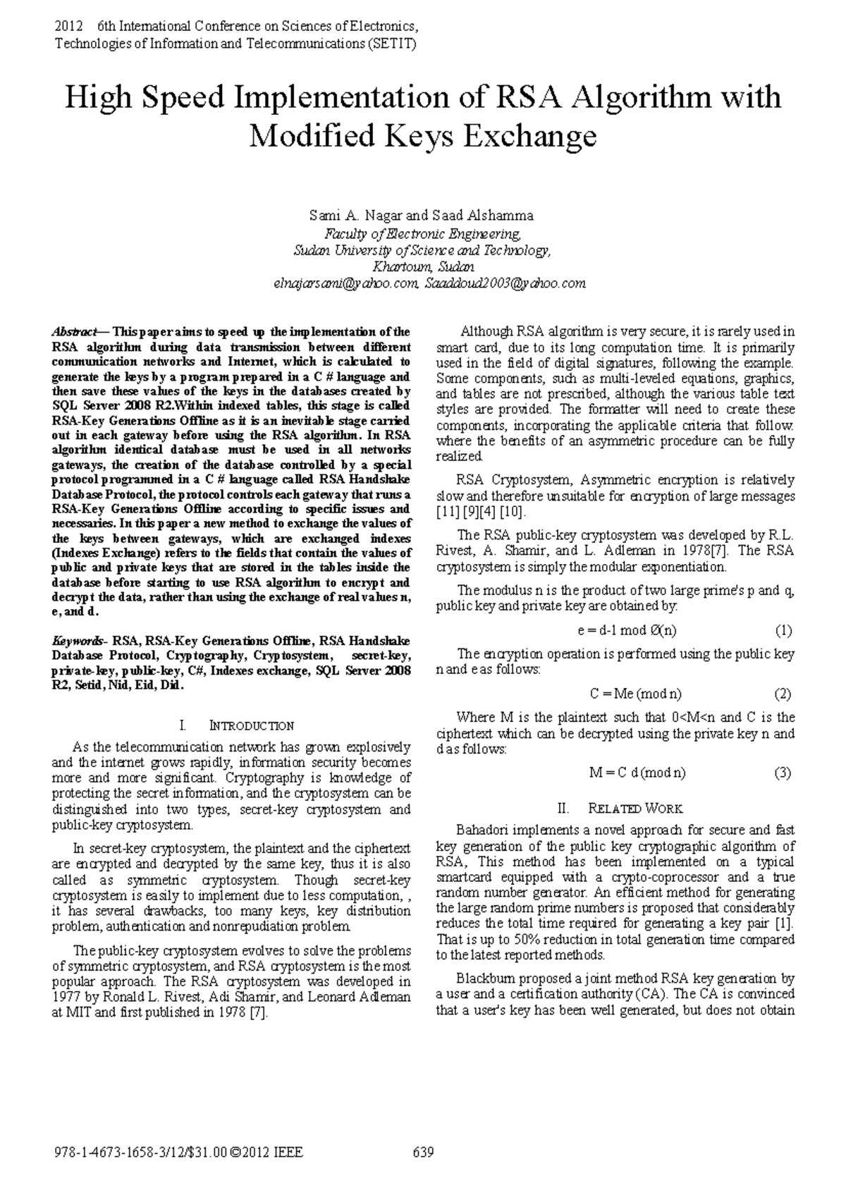 High Speed Implementation of RSA Algorithm (SETIT 2012) - Studocu