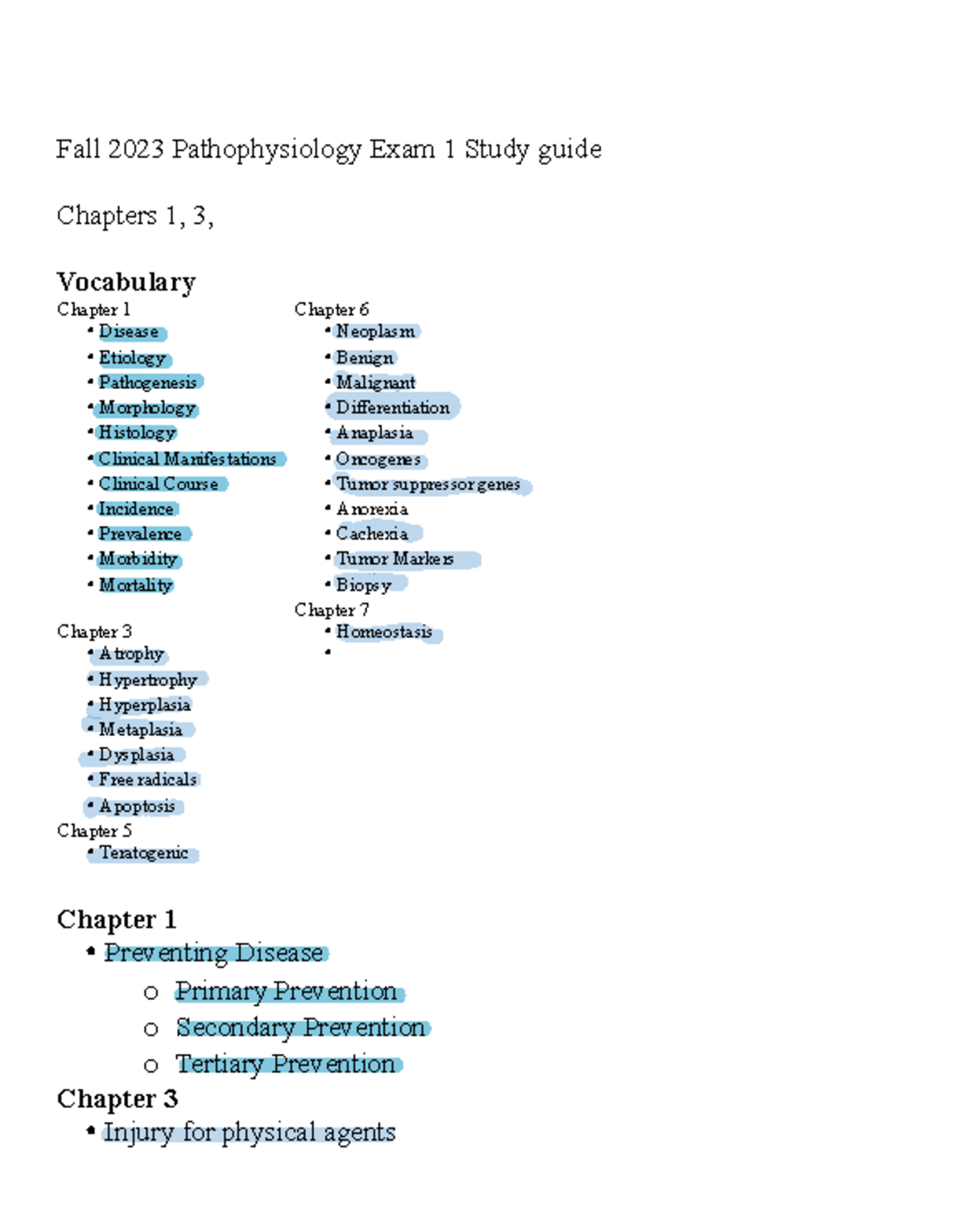 Patho Exam 1 Study Guide: Chapters 1-7 for Fall 2023 - Studocu