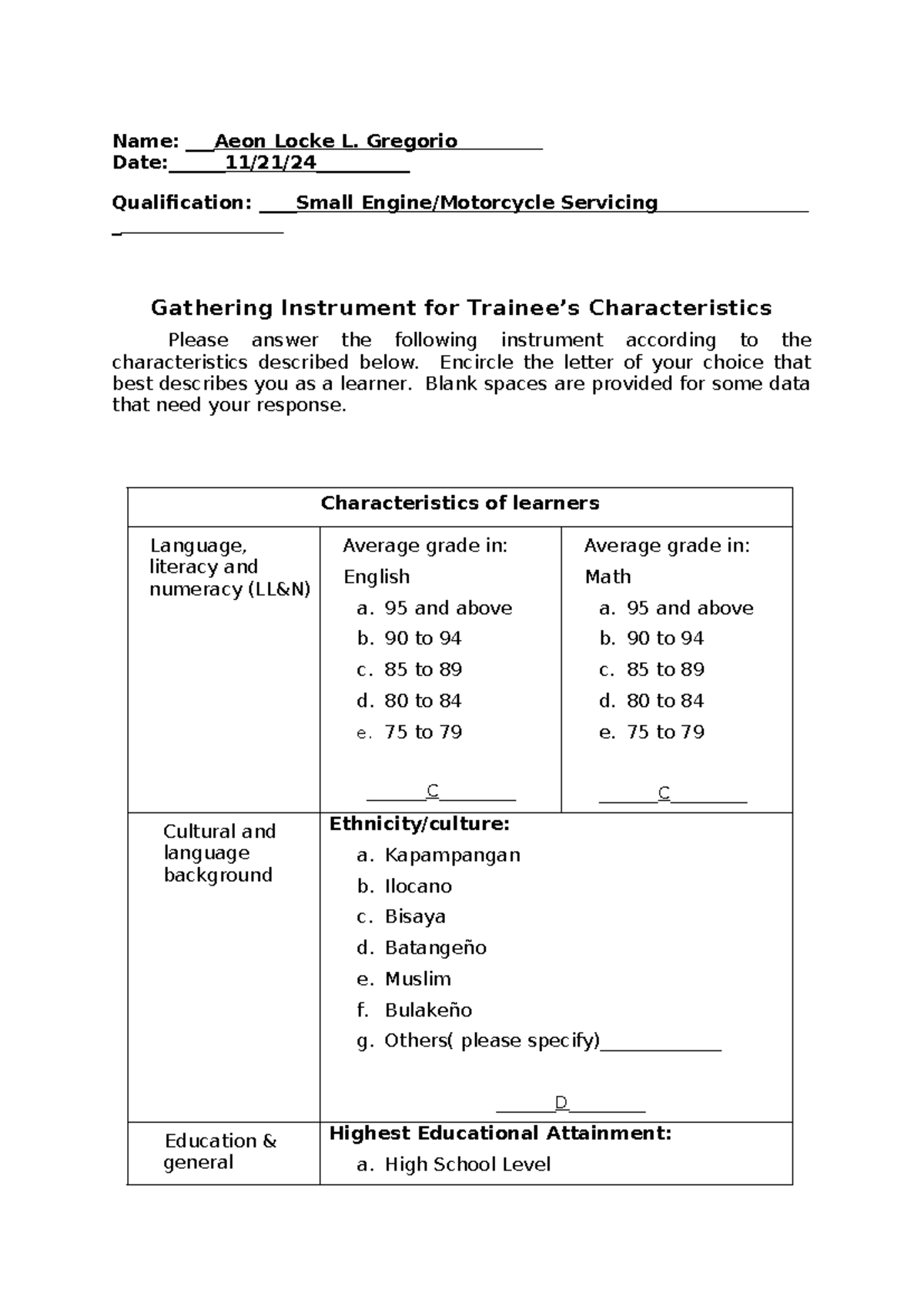 01 Gathering Instrument for Trainee Characteristics Assessment - Studocu
